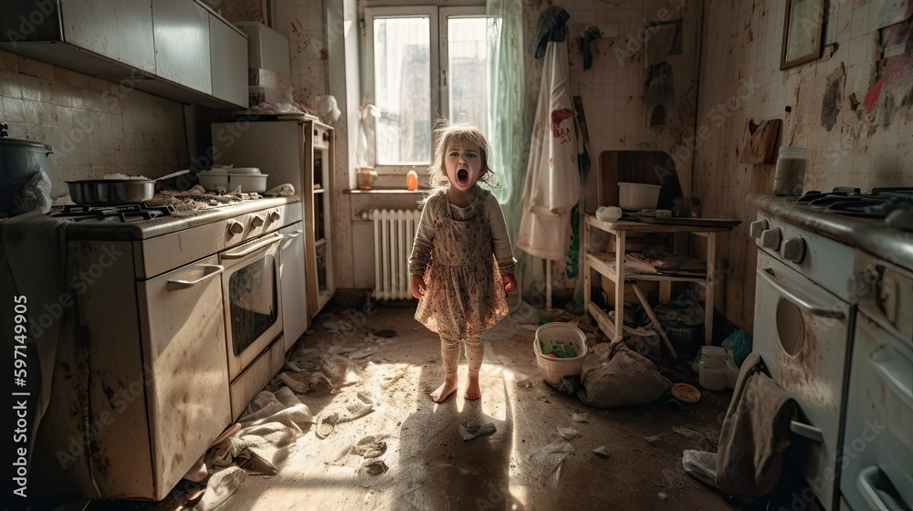 Crying sad girl in dirty cluttered apartment, child from dysfunctional ...
