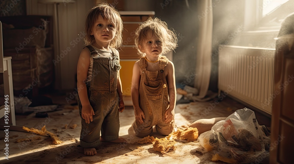 Crying sad children in dirty cluttered apartment, children from ...