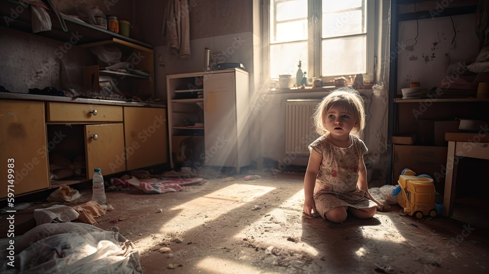 Crying sad girl in dirty cluttered apartment, child from dysfunctional ...