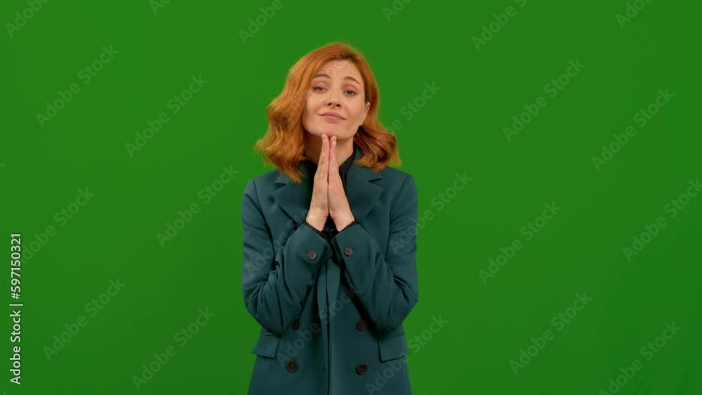 Young woman looking asking with hopeful imploring expression of begging ...