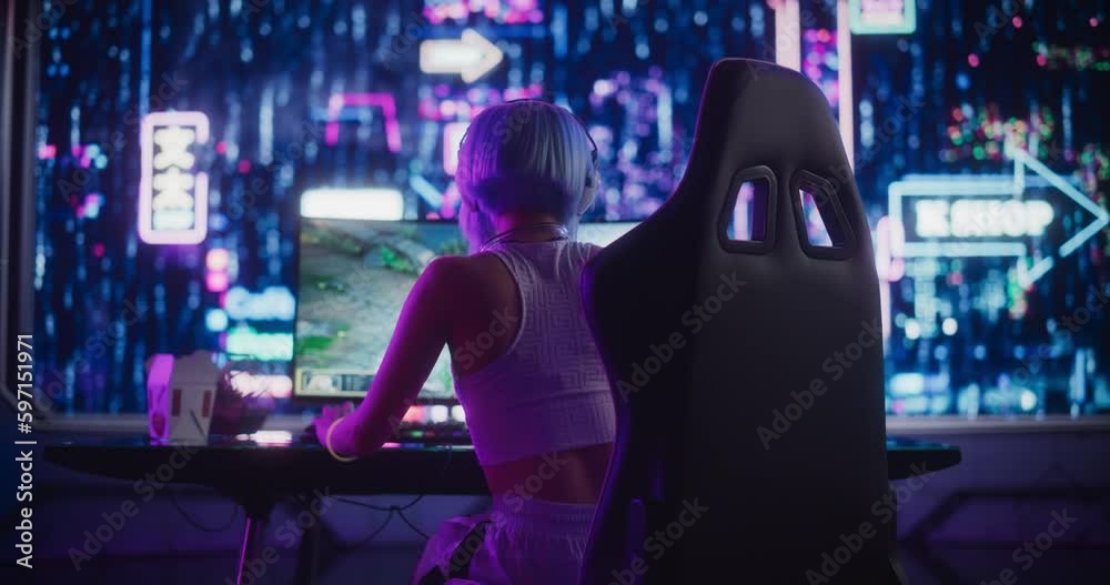 Cosplay Gamer Girl in Futuristic Cyberpunk Setting Sitting Down to Play ...