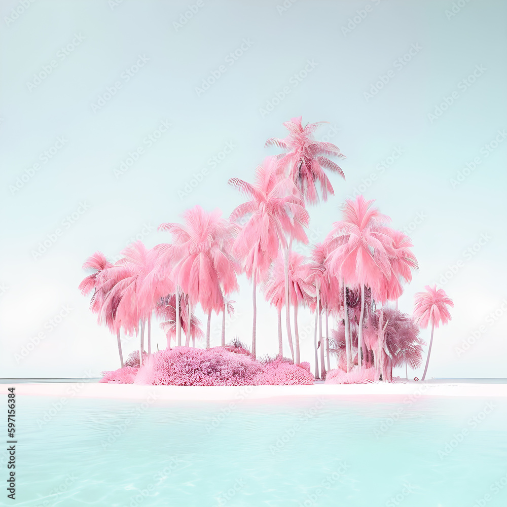 Isla tropical llena de palmeras en mitad del océano. Isla color rosa ...