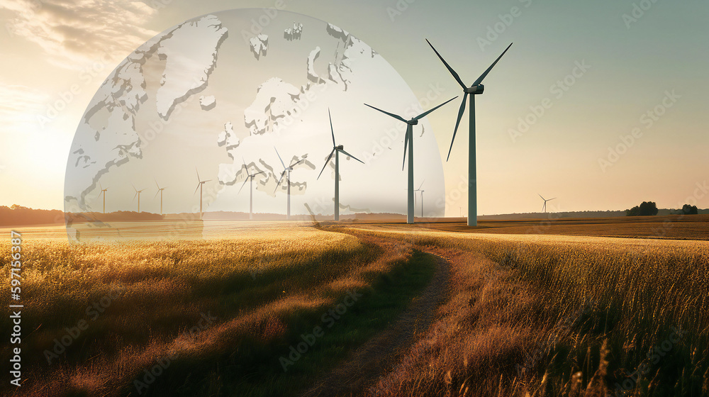 Crops field with wind farm turbines in the background, windmill creating renewable energy ...