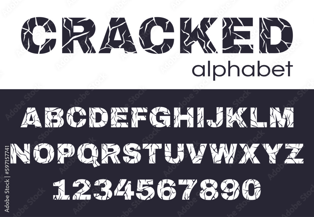 Cracked alphabet. Broken abc font, fissure letters and numbers ...