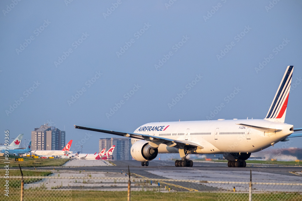Close view of Air France airlines Boeing 777-300 airplane on a runway ...