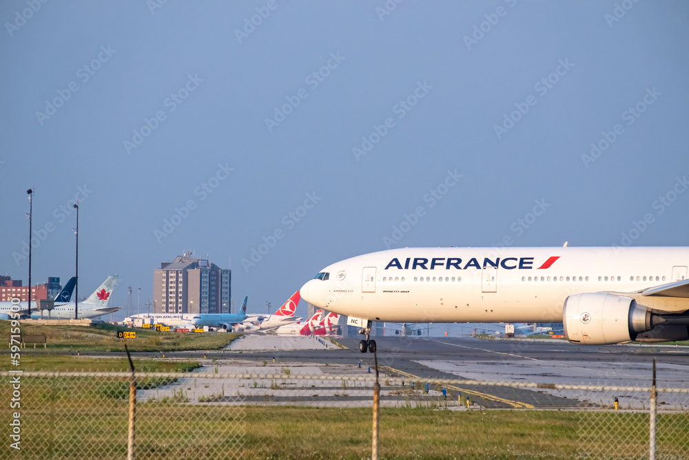 Close view of Air France airlines Boeing 777-300 airplane on a runway ...