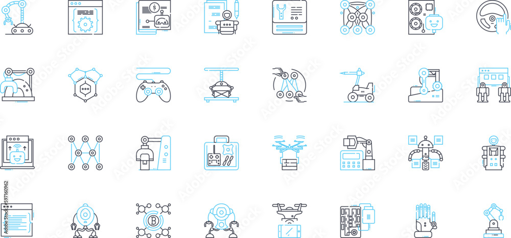 Automation Engineering linear icons set. Robotics, Mechatronics, Programming, Control ...