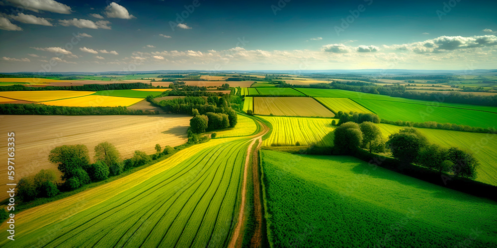 Aerial drone acres of green fields stretching for. Sunny landscape ...