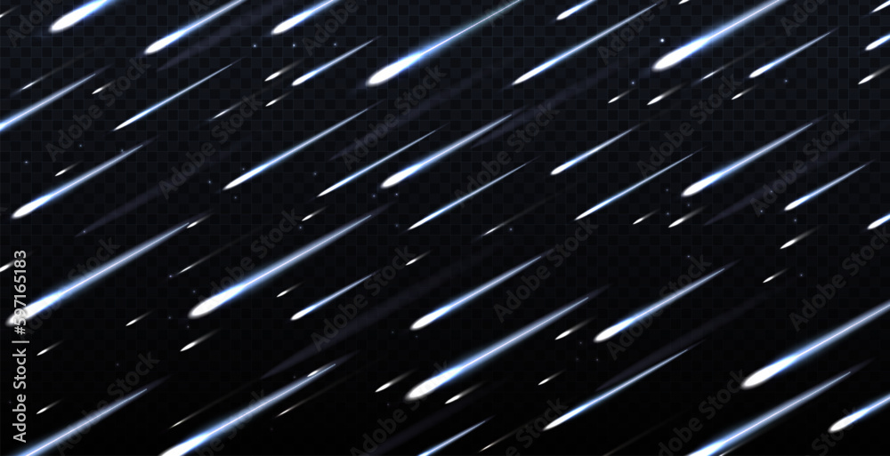 Realistic blue light effect of meteor rain in sky. Glowing comets with ...