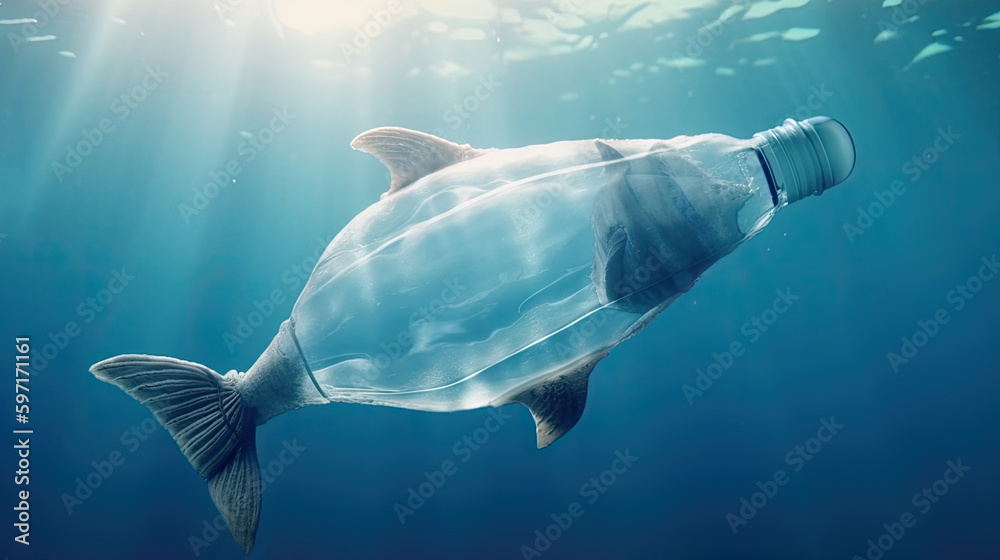 Fish plastic bottle shape floating underwater, marine plastic pollution ...
