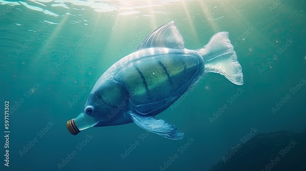 Fish plastic bottle shape floating underwater, marine plastic pollution ...