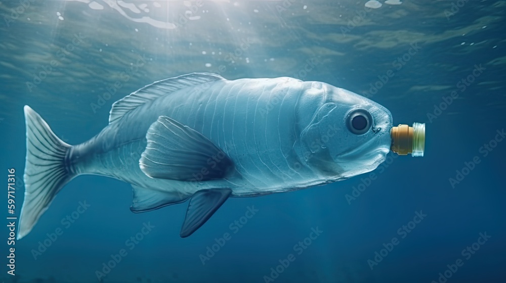 Fish plastic bottle shape floating underwater, marine plastic pollution ...