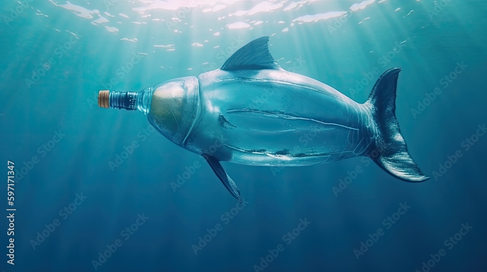 Fish plastic bottle shape floating underwater, marine plastic pollution ...