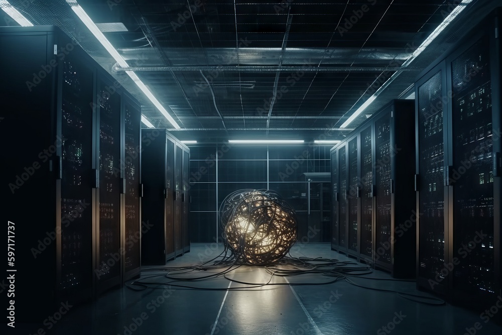AI Brain in Data Center Room. Brain is connected with the server. AI ...