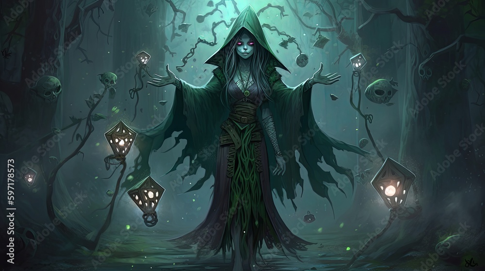 Beautiful eyes create a full body beautiful warlock girl with green ...