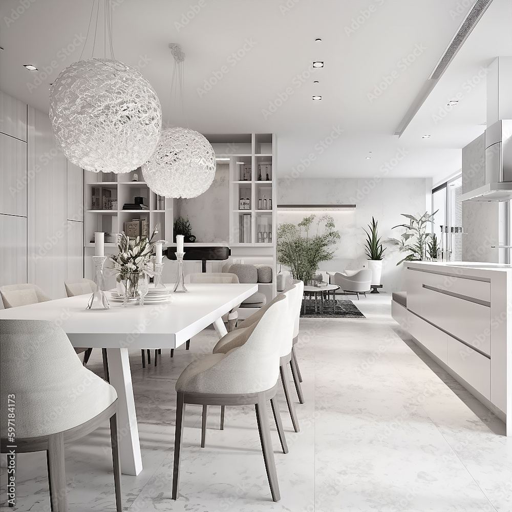 Generative ai illustration of dining room and open plan kitchen Stock ...