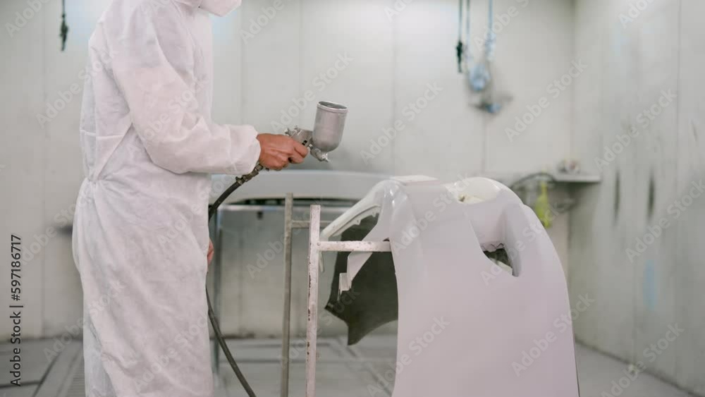 Mechanic man wears PPE suit prevent contamination, paint sprayer new ...