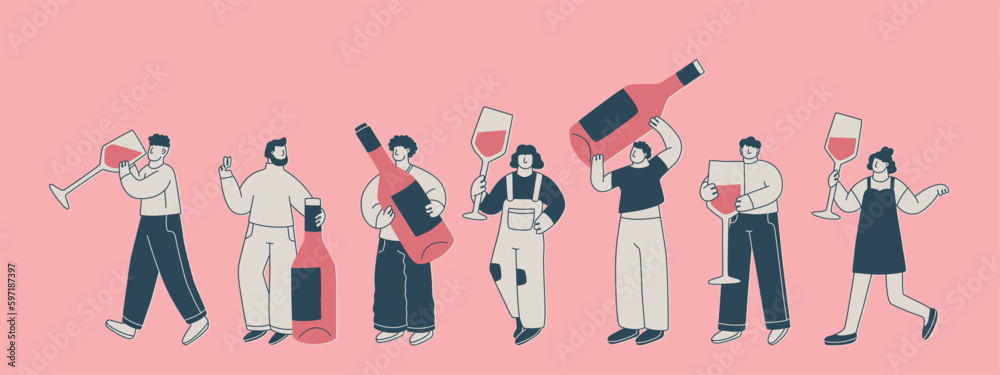 Set of cute characters with huge wine glasses and bottles. Men and ...