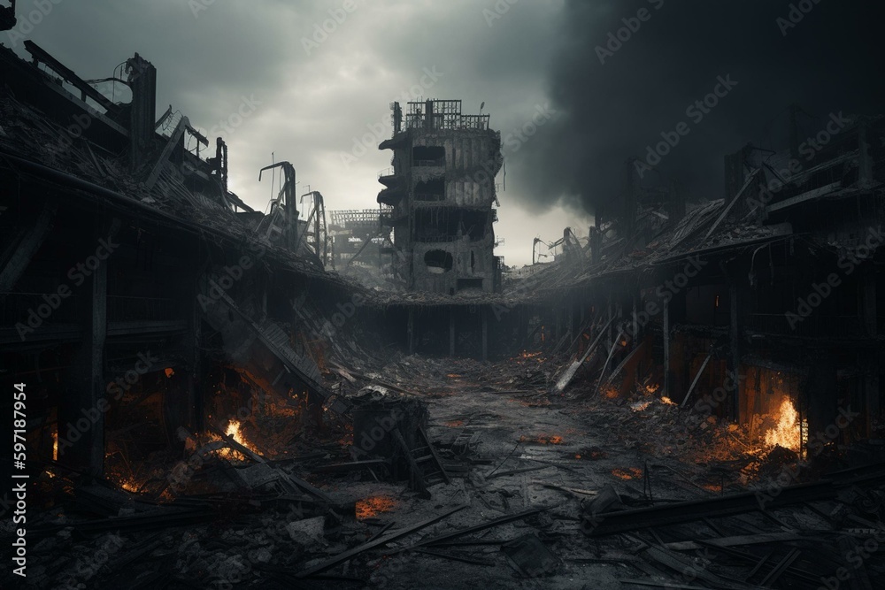 Dystopian aftermath with destroyed ruins, fearful flames, and emptiness ...