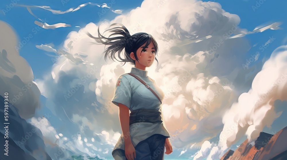 In the center of a huge cloud swirl there is an anime beautiful girl in ...