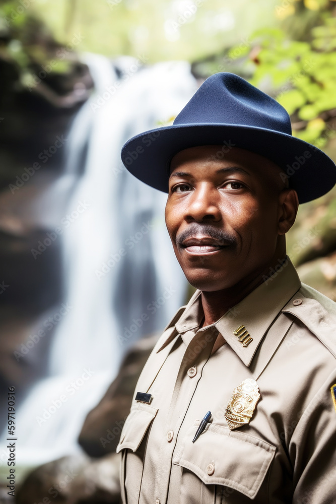 A 42-year-old Afro-American forest ranger stands in a national park on ...