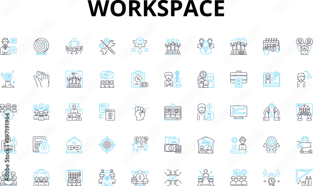 Workspace linear icons set. Desk, Office, Cubicle, Laptop, Files, Chair ...