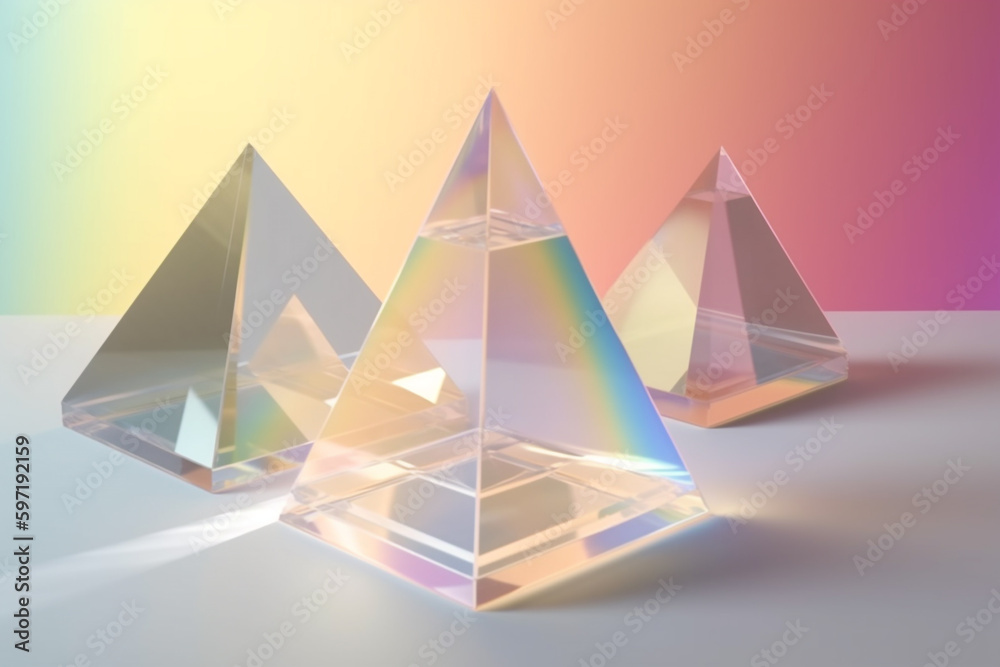 Various transparent glass geometric shapes or crystals with light ...