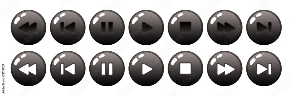 Set of play buttons. Cartoon 3d buttons Play, pause, forward, skip and stop. Vector clipart ...