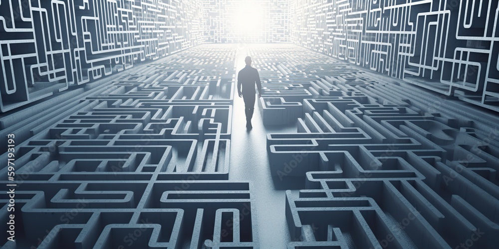 A maze with a human figure navigating through it, displayed against a ...