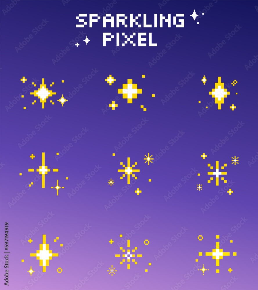 Sparkling pixel set vector bright yellow sparkle star, Stars, glitter, sparkles. Starry sky ...
