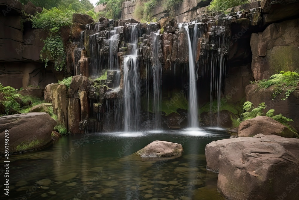 natural rock formation with water falling from above, creating a ...