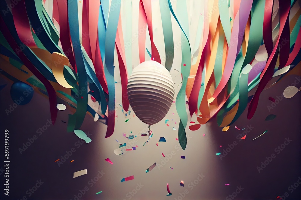 paper streamer hanging from the ceiling, with a balloon and confetti ...