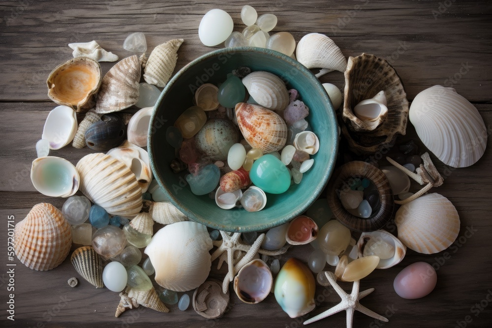 beachcombing snapshot of collection of shells, sea glass, and other ...