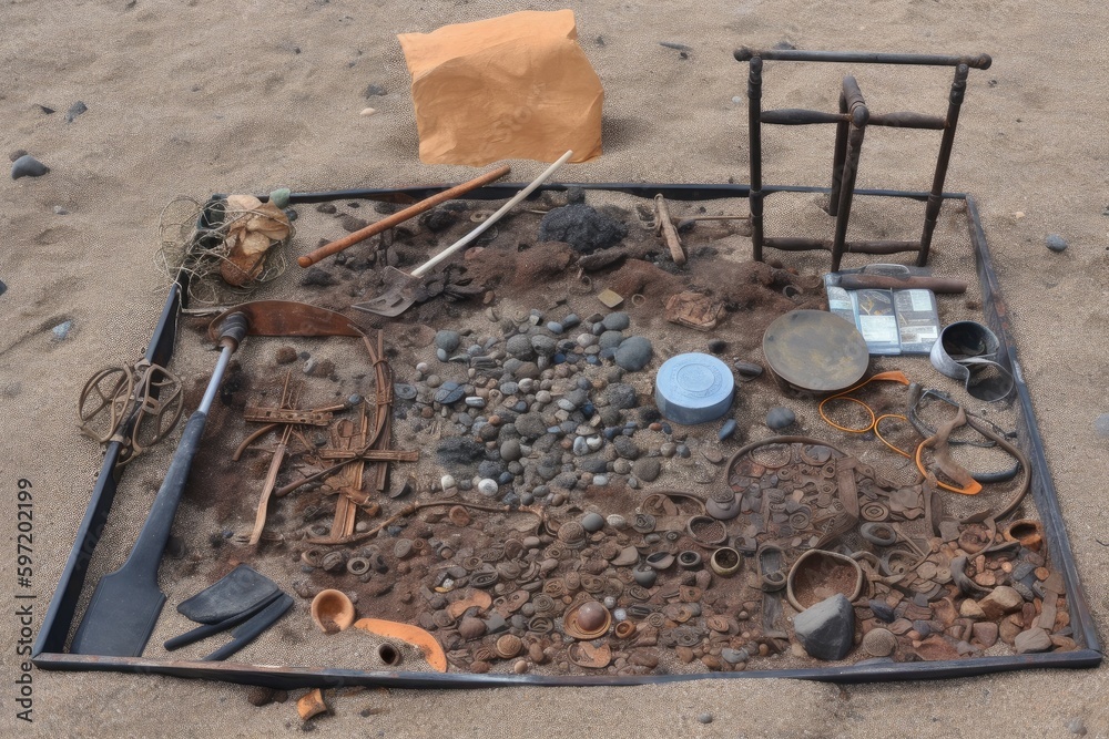 metal detector frame, with objects and items unearthed by the metal ...