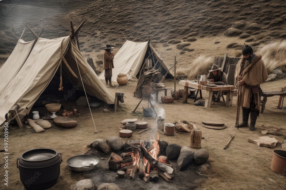 nomadic tribe setting up camp with tents, fire, and cooking pots ...