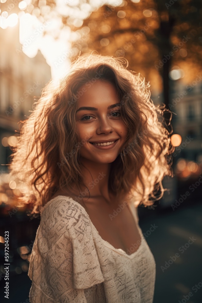 alluring stun closeup woman smile face light hair standing city street ...