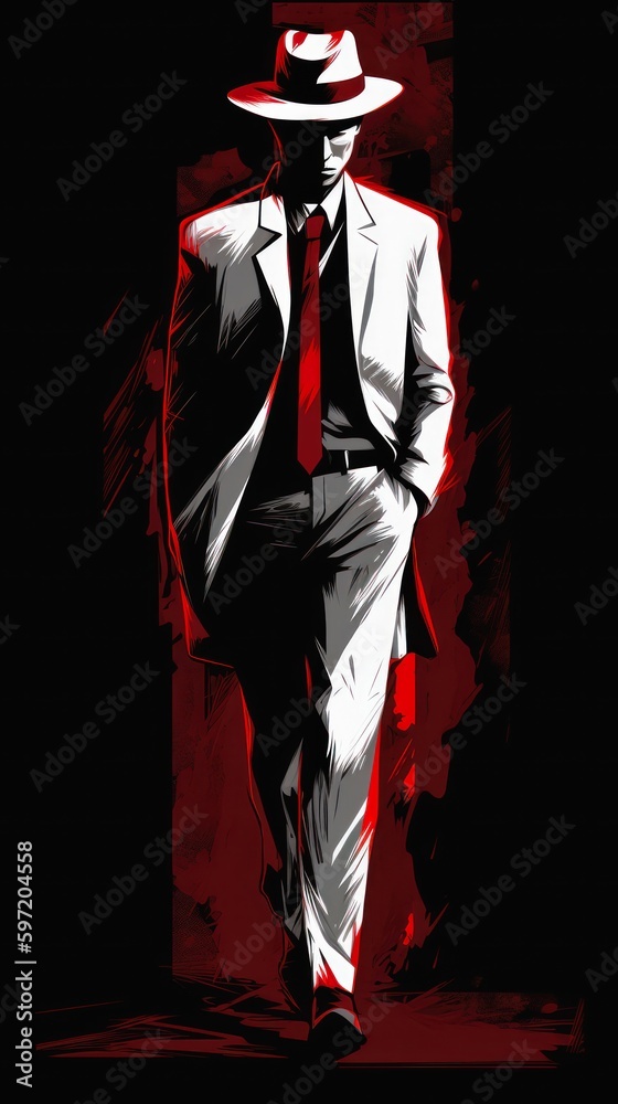man hat suit tie walking shadow street red sinister pose standing ...