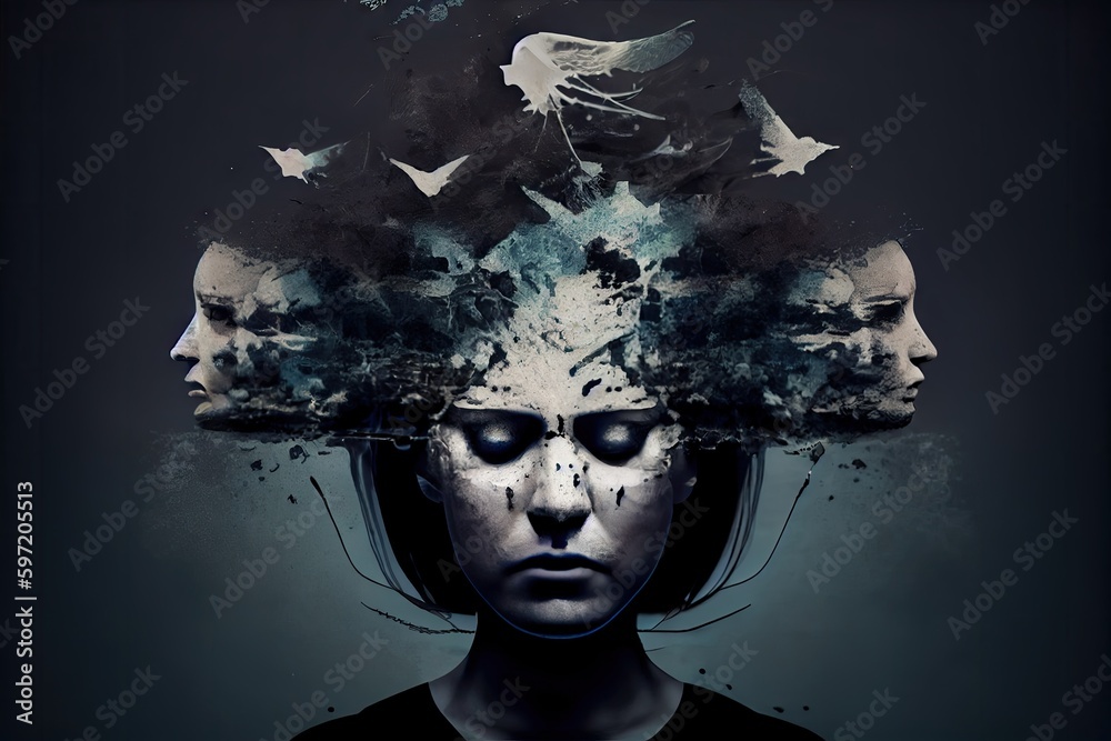 mental disorder represented as a person, with floating brain and ...