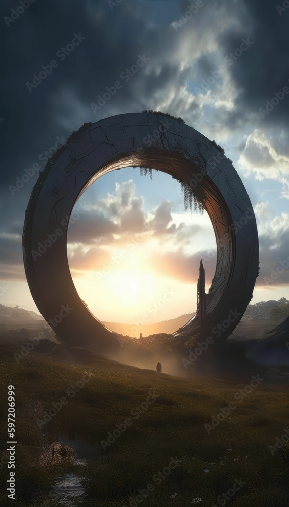 sky portal man standing top grass covered field star gate runic rings ...