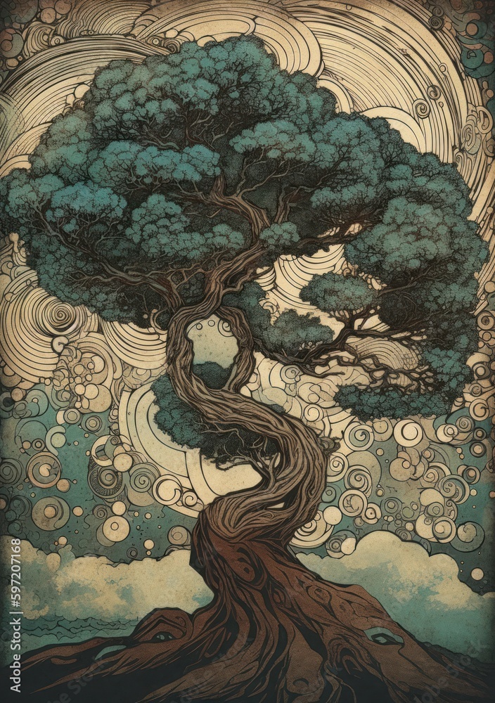 simple retro folktale fractal pine tree drawing top hill solid color ...