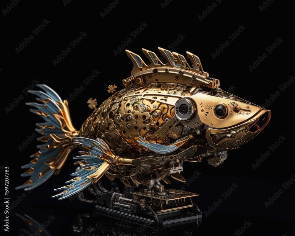 state robotic koi fish wings gold statue clock minimalism cogs springs ...