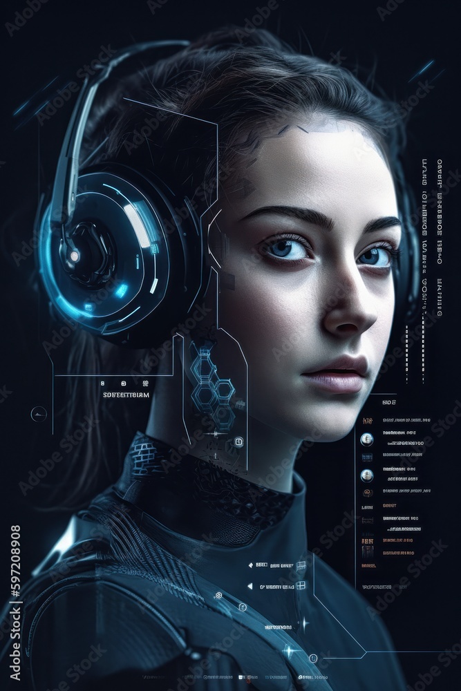 interface woman face about graphical abstract closeup headphones ...