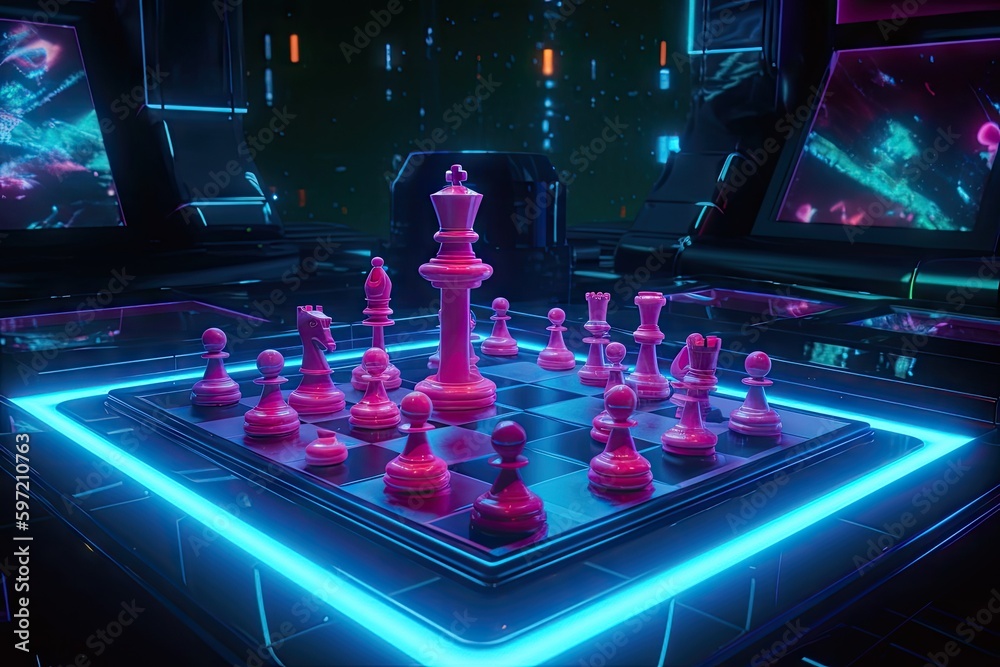 neon chess on futuristic spaceship, with view of stars and planets ...
