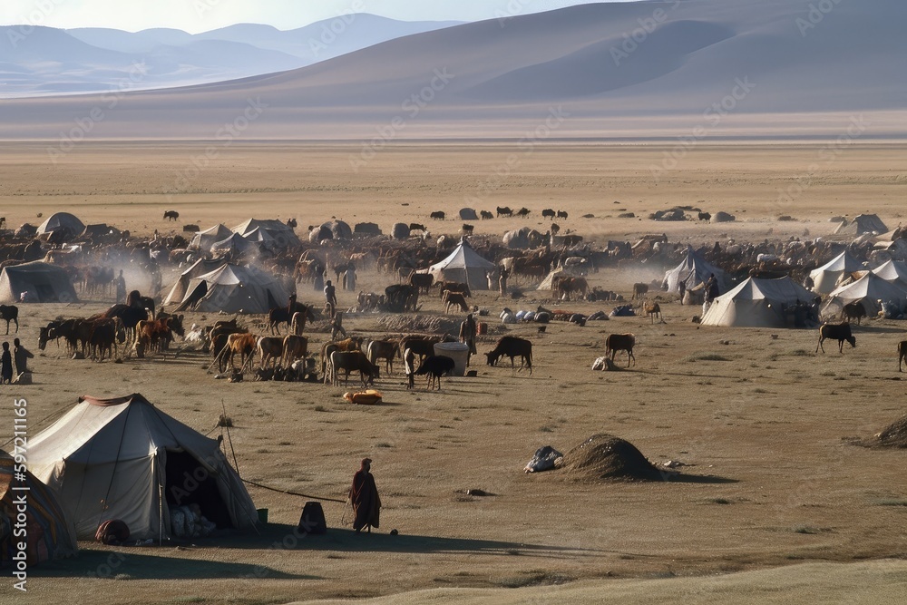 nomadic tribe setting up camp on windswept plain, with tents and ...