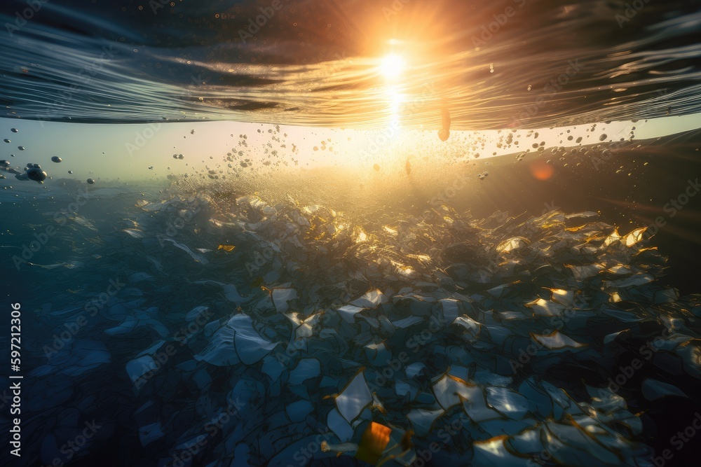 microplastic particles floating in the water, with sunlight shining ...