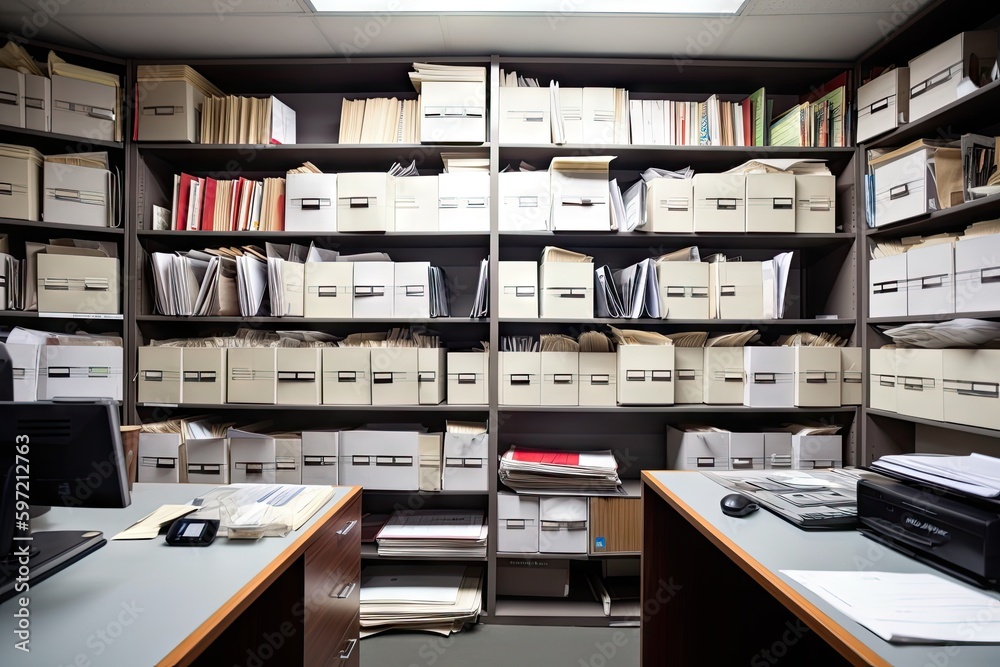 organized business document library with tidy bookshelves and labeled ...