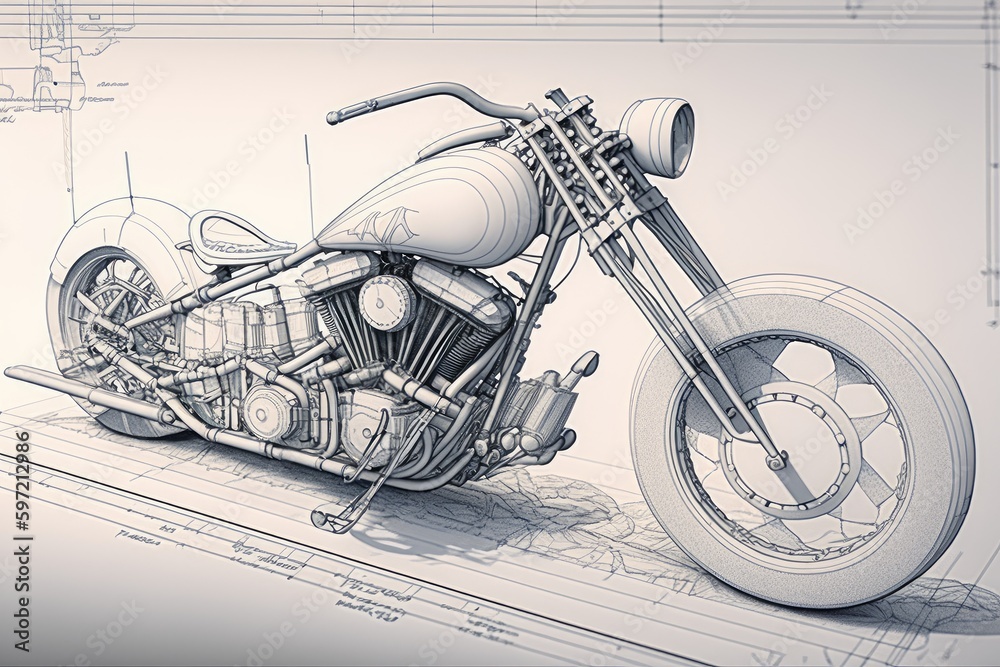 rough pencil sketch of custom chopper with flared fenders and high-end ...