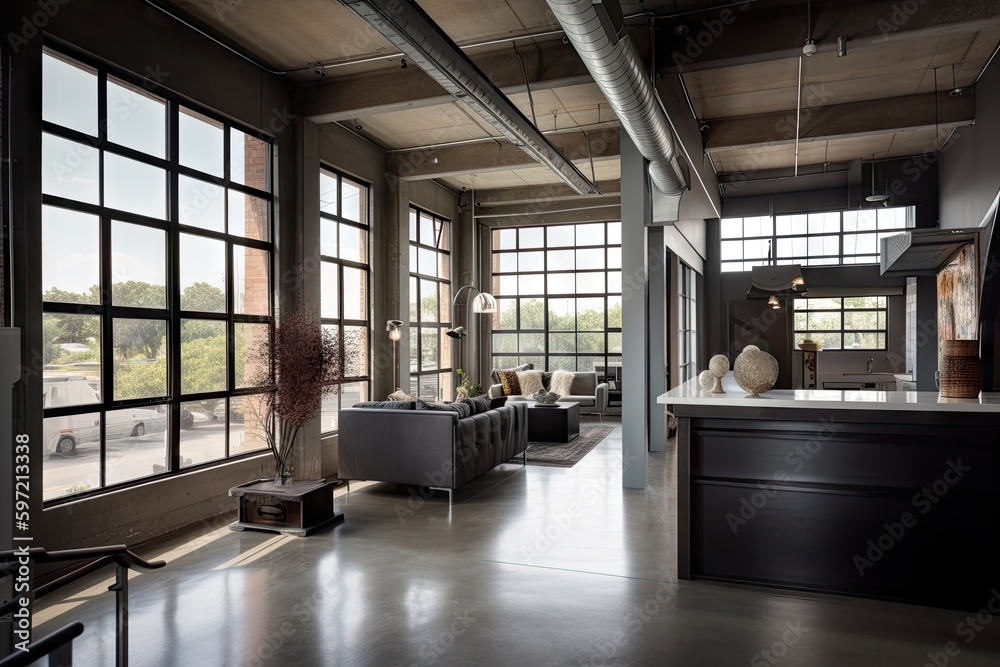 unusual industrial home with exposed pipes and ducts, open floor plan ...