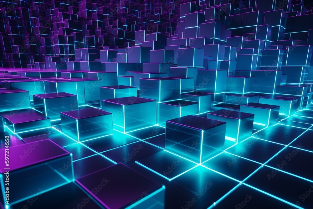 Symmetric glowing cubes in turquoise and violet, creating a futuristic ...