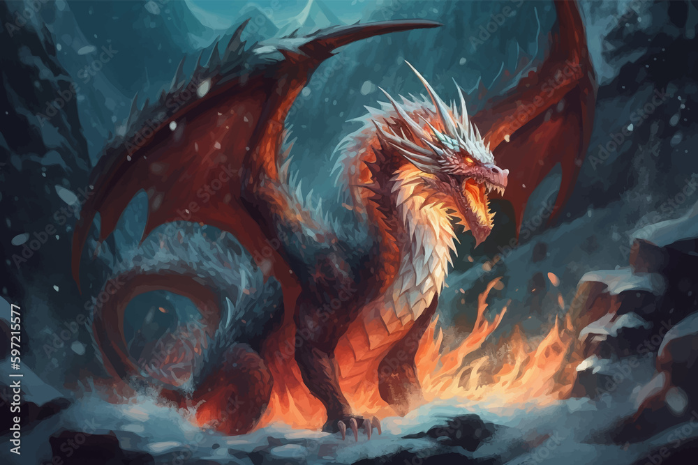 Ferocious Fire Fantasy Dragon Roars and prepares to attack. Tall and ...